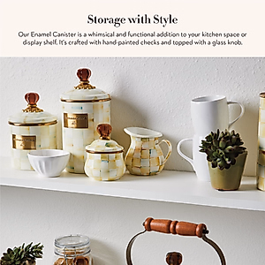 MACKENZIE-CHILDS Parchment Check Enamel Canister, Yellow-and-Cream Kitchen Storage Container with Lid, Small