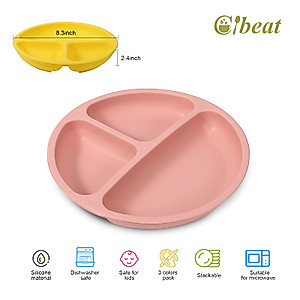 Cibeat Toddler Plates 3 Pack, 100% Silicone Suction Plates for Babies and Toddlers, Microwave and Dishwasher Safe, BPA Free, Divided Design, Pink & Yellow & Purple