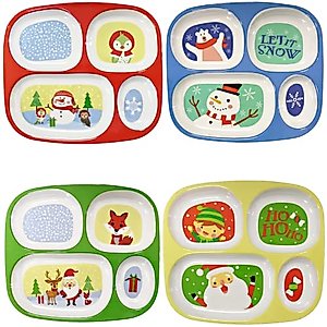 4E's Novelty Christmas Dinnerware Divided Plates For Kids (Set of 4) Melamine Plastic BPA Free Sectional Holiday Dinner Plates, Christmas Dishes for Toddlers