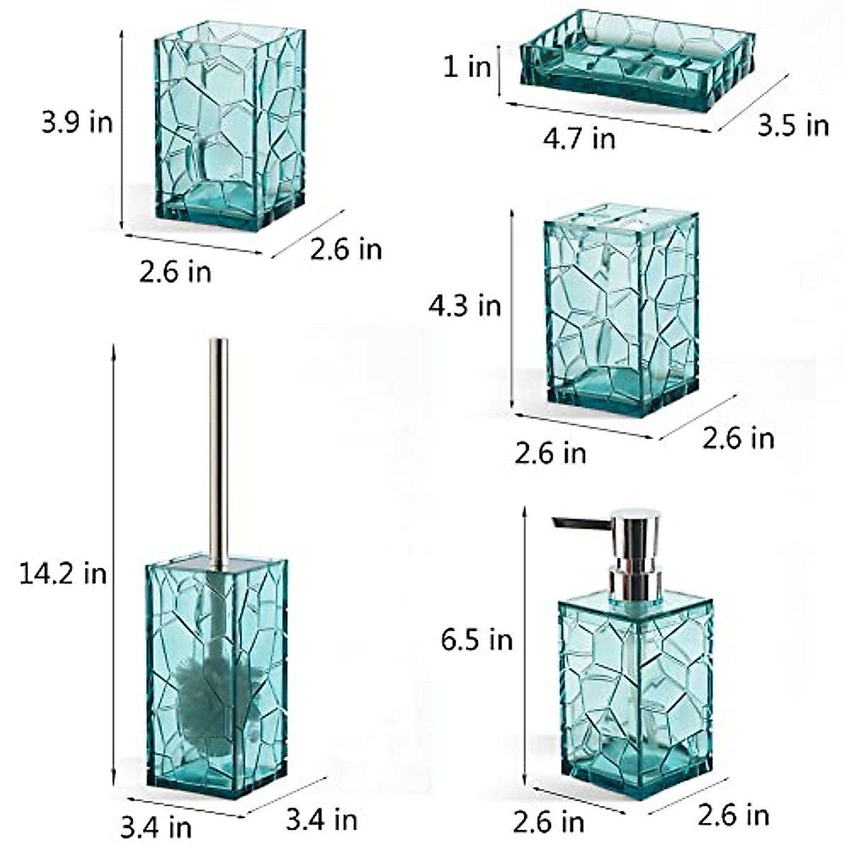 Acrylic Bathroom Accessories Set, 5 Piece Teal Blue Bathroom Vanity Accessory Set with Toothbrush Holder Tumbler Soap Dispenser Soap Dish Toilet Brush Set, Elegant Bathroom Decor and Gift Set