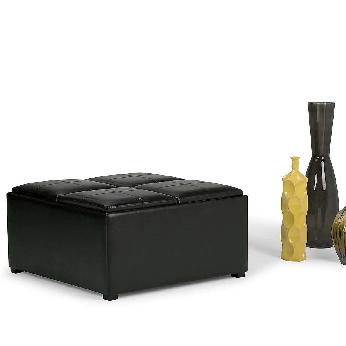 SIMPLIHOME Avalon Wide Contemporary Square Coffee Table Storage Ottoman Vegan Faux Leather, Assembled, for The Living Room and Bedroom, 35 inch, Midnight Black