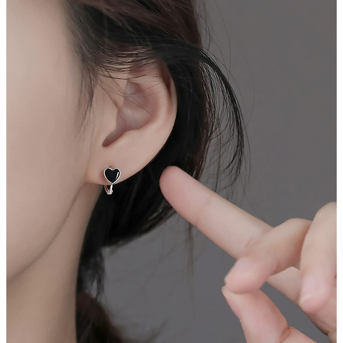 Reffeer Solid 925 Sterling Silver Love Heart Hoop Earrings for Women Teen Girls Black Heart Huggie Earrings Small Hoop (A-Silver)