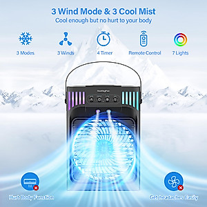 Portable air conditioner,1200 milliliter Cooling fan Air Conditioner with Remote,4 Wind Speed & 7 Led Light,3 Mist&2-8H Timer,Personal Air Conditioner