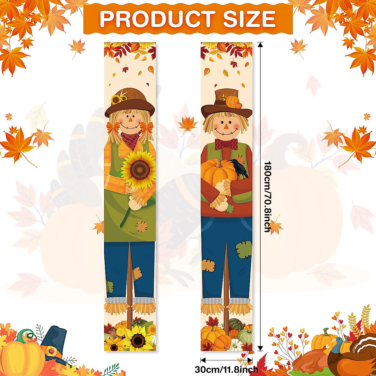 2 Pcs Thanksgiving Porch Sign Banner Fall Harvest Banner Autumn Scarecrow Maple Leaves Pumpkin Hanging Door Sign for Indoor Outdoor Home Party Decorations, 12 x 71 Inch