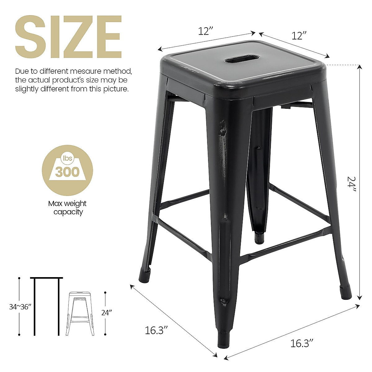 Vogue Furniture Direct 24 Inch Metal Bar Stools, Backless Counter Height Barstools, Indoor Outdoor Stackable Stools with Square Seat, Set of 2 (Distressed Black)