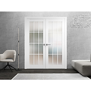 SARTODOORS Solid French Double Doors 72 x 80 inches Frosted Glass 12 Lites | Felicia 3312 Matte White | Single Regural Panel Frame Trims | Bathroom Bedroom Sturdy Doors