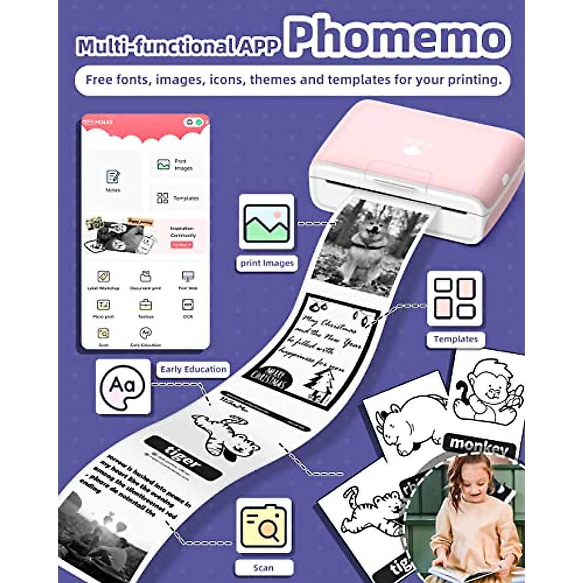 Phomemo M04S Portable Printer- Bluetooth Inkless Thermal Sticker Printer with White Self-Adhesive Thermal Paper for Phomemo M04S/M04S Bluetooth Thermal Printer, Black on White, 110mm x 3.5m, 3-Rolls