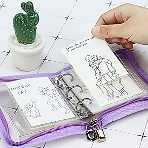 MultiBey Transparent Mini Binder 3 Ring, Glitter PVC Zipper Binder 3.7'' x 5.2'' for Cards Photos with 20 Card Slots (Purple)