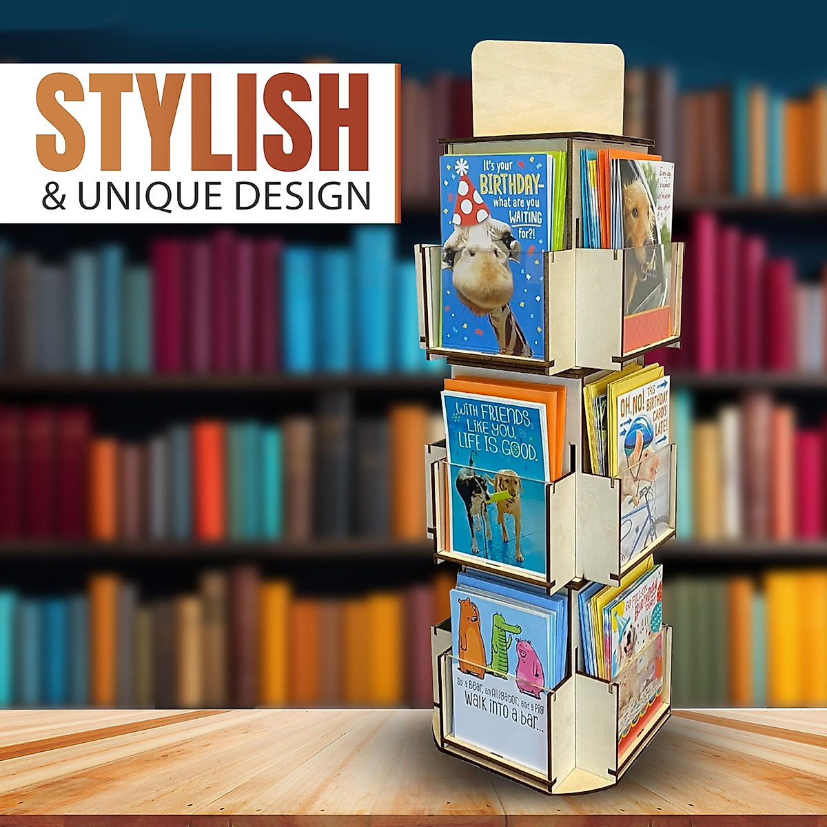 Rotating Greeting Card Display Stand, 3 Tier Wooden Organizer, 4-Sided Display Rack Spinning Multi-Pocket Display for Coasters, Stickers, Retail, Tradeshow - A4, A6, A7, 5"x7", 4 bar (Natural)