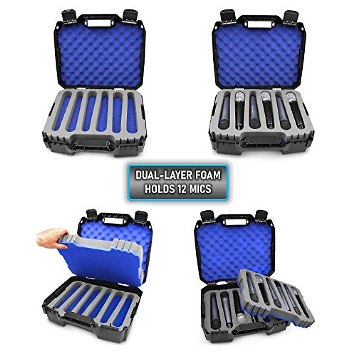 CASEMATIX Wireless Microphone System Hard Case Compatible with 12 Sennheiser, Shure Mic, Nady, AKG or VocoPro Microphones and More Handheld Transmitter Mics, Case Only