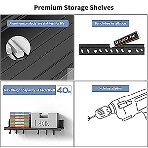 WGONEEDESS Floating Shelves Wall Mounted,2 pcs 16.5 Inch Rustic Aluminum Bathroom Shelves,Black Towel Rack for Bedroom, Living Room, Kitchen, Office(2 Pcs)