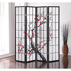 Roundhill Furniture Black Japanese 4-Panel Screen Room Divider, Plum Blossom