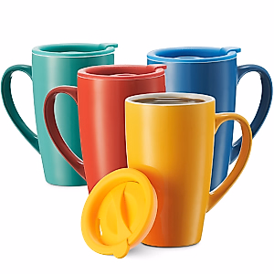 Godinger Coffee Mug Set with Lids, Travel Coffee Mugs, Hot Beverage Cups with Lids, For Coffee and Tea On The Go, Large Insulated Mugs Set - 16oz, Set of 4