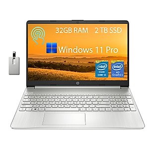 HP 15.6” HD Touchscreen Laptop, Intel Core i3-1115G4(Beats i5-1035g1), 32GB RAM, 2TB PCIe SSD, Intel UHD Graphics, HD Webcam, Numpad, Wi-Fi 5, Bluetooth, Silver, Win 11 Pro, 32GB USB Card