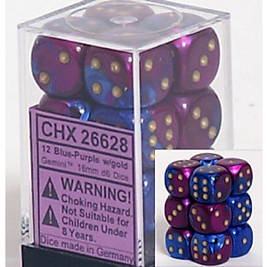 Chessex Dice d6 Sets: Gemini Blue & Purple with Gold - 16mm Six Sided Die (12) Block of Dice
