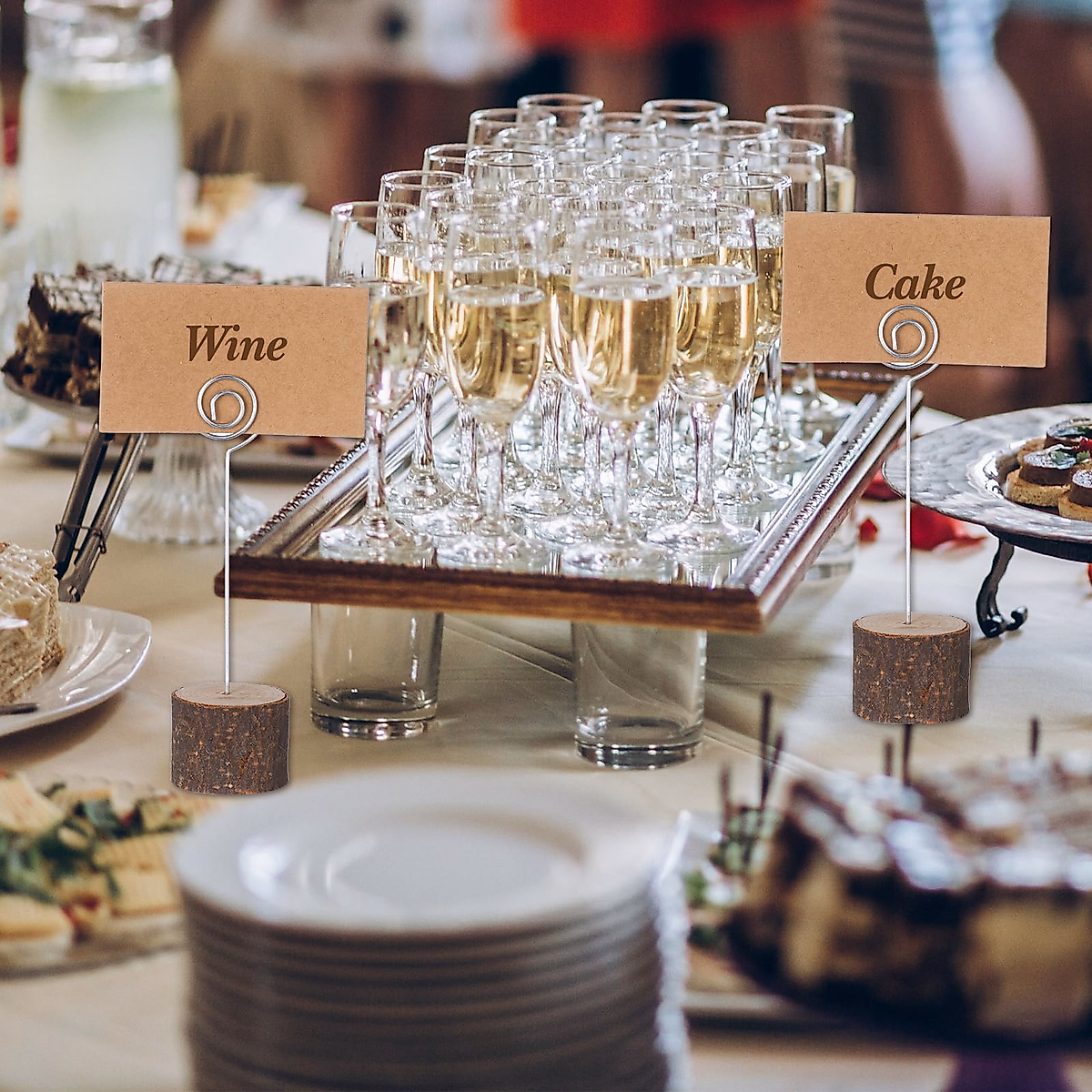 Gilprop 24 Pcs Wood Place Card Holders with Swirl Wire Wooden Memo Holder and 48 Pcs Kraft Place Cards Table Number Holders Picture Stands for Table Note Clip Holders for Wedding Party Name Food Sign