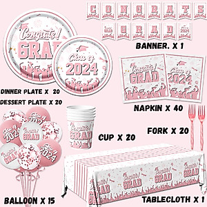 Graduation Party Supplies, 2024 Graduation Party Dinnerware Set, Congrats Grad Plates Napkins Cups Tablecloth Banner Balloons for Class of 2024 Graduation Decorations Supplies (Rose Pink)