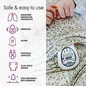 SNUZA Hero - Portable, Wearable Baby Abdominal Movement Monitor with Vibration and Alarm. - Newly Upgraded - Safer Sleeping for Infants.