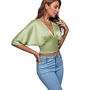 LYANER Women's Satin Deep V Neck Ruched Blouse Shirred Back Batwing Short Sleeve Crop Top Light Green X-Large