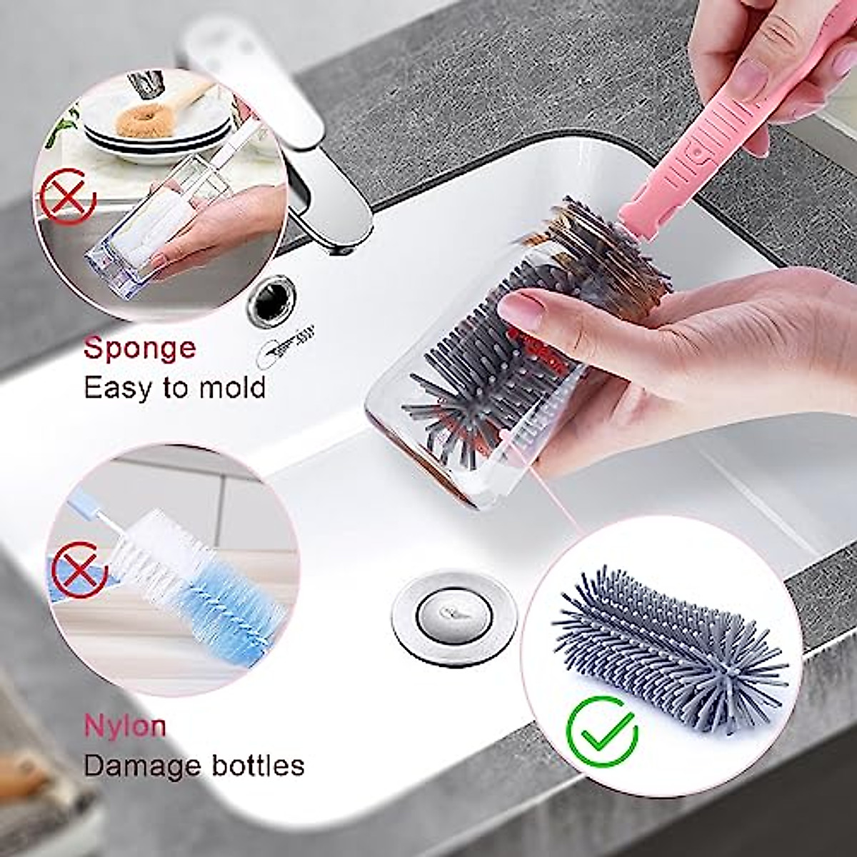 MeryStar Travel Bottle Cleaner Kit, Baby Bottle Brush Set with Silicone, Bottle Cleaner Brush and Drying Rack for Travel and Family Visits, Gift for New Moms (Pink)