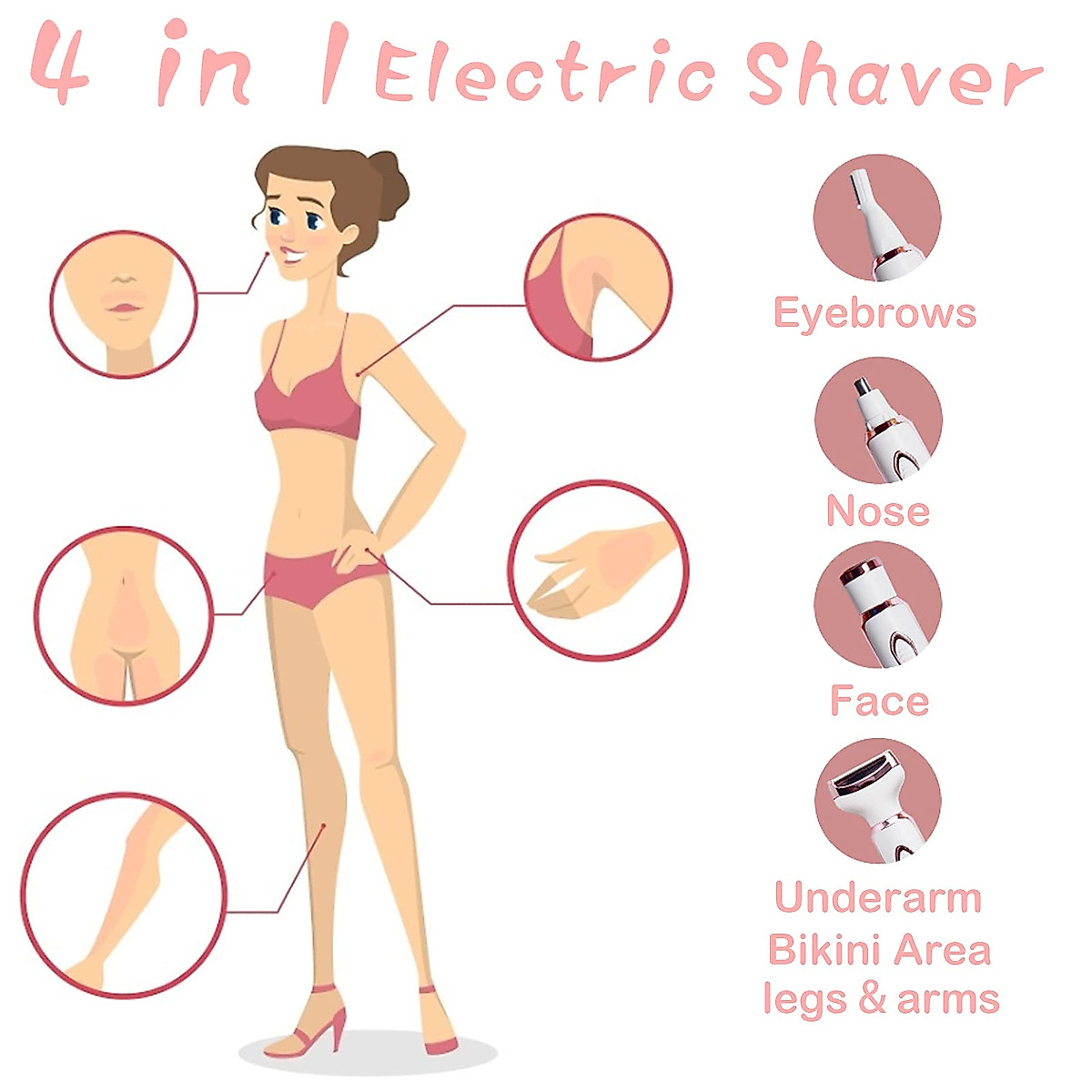 Electric Razor for Women, Hair Trimmer for Underarms Nose Eyebrows and Legs, Painless 4 in 1 Bikini Pop-Up Trimmer Rechargeable with Detachable Head, Wet and Dry Cordless Hair Clipper