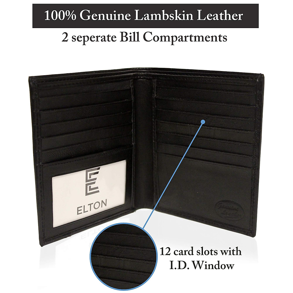 E Elton Genuine Lambskin Leather Hipster Bifold Wallets for Men Black Extra Large Bifold Wallet- RFID Protection