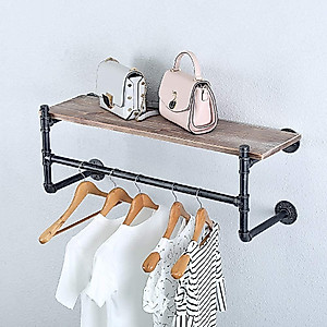 WJJ Industrial Pipe Clothing Rack Wall Mounted with Real Wood Shelf,Pipe Shelving Floating Shelves Wall Shelf,Rustic Retail Garment Rack Display Rack, 36in Steam Punk Commercial Clothes Racks