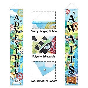 Avezano Adventure Awaits Porch Sign Travel Theme Adventure Party Banner Travel Bon Voyage Door Banner for Indoor Outdoor Retirement Graduation Wedding Baby Shower Decorations