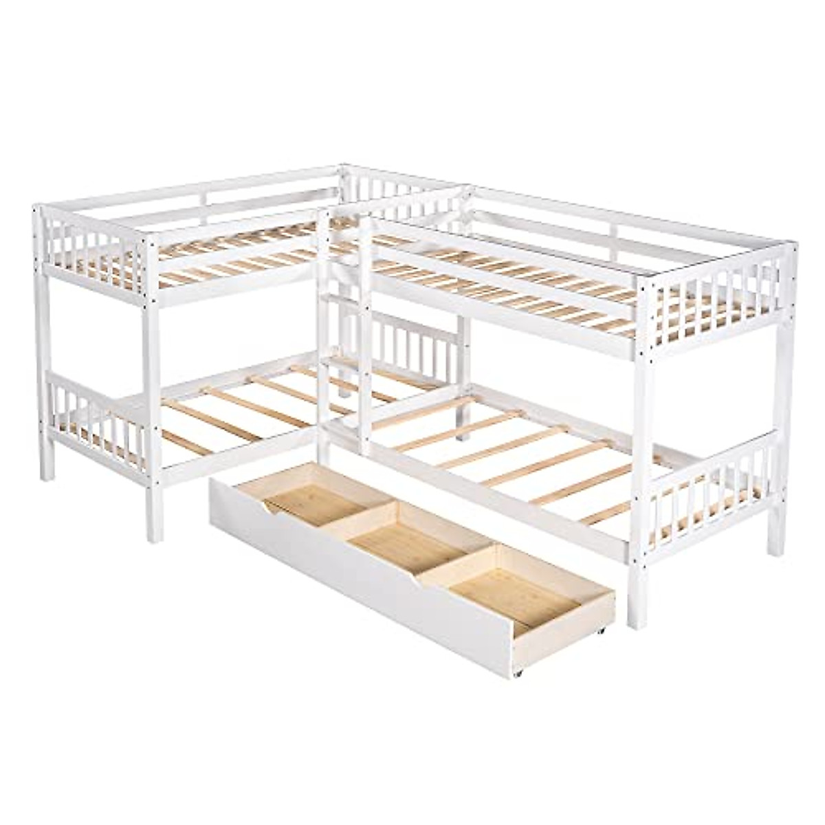 HYC L-Shaped Bunk Bed with Drawers, Bunk Bed for 4 Twin Over Twin for Boys Girls Kids Teen Wood Quad Bunk Beds Frame, White