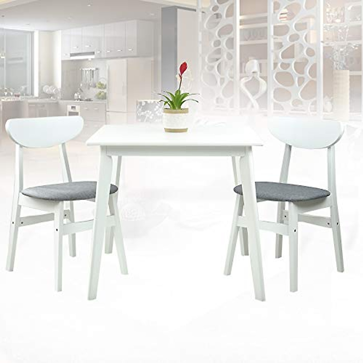 Wickerix Dining Room Set of 2 Yumiko Chairs and Square Dining Table Kitchen Modern Solid Wood w/Padded Seat, White Color with Light Gray Cushion