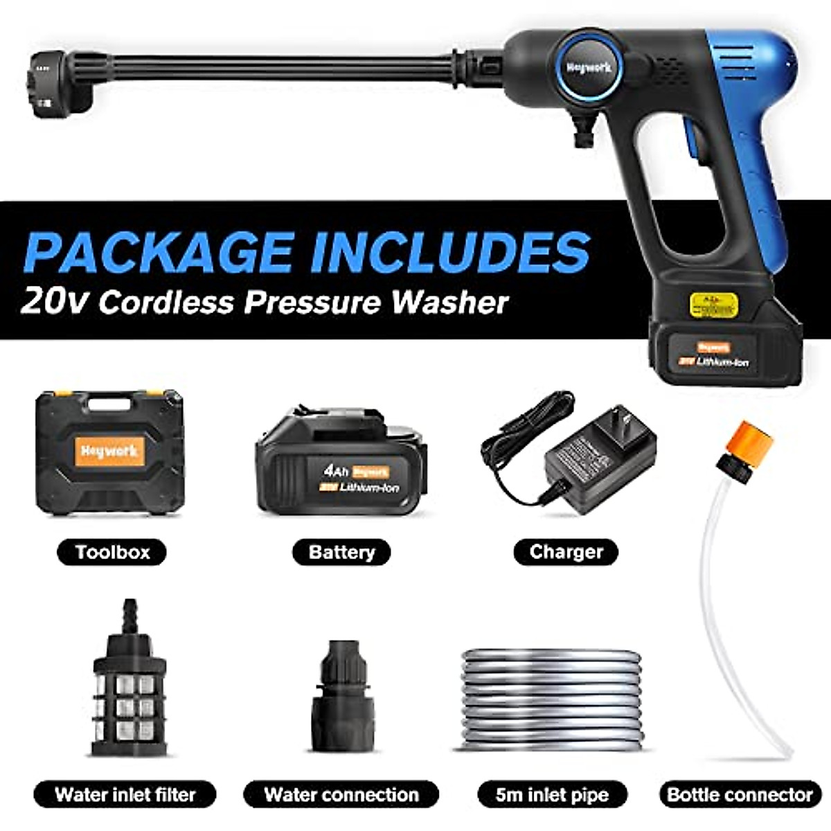 Heywork Cordless Pressure Washer, 600PSI Portable Pressure Washer Handheld, Power Pressure Cleaner with 6-in-1 Adjustable Nozzle