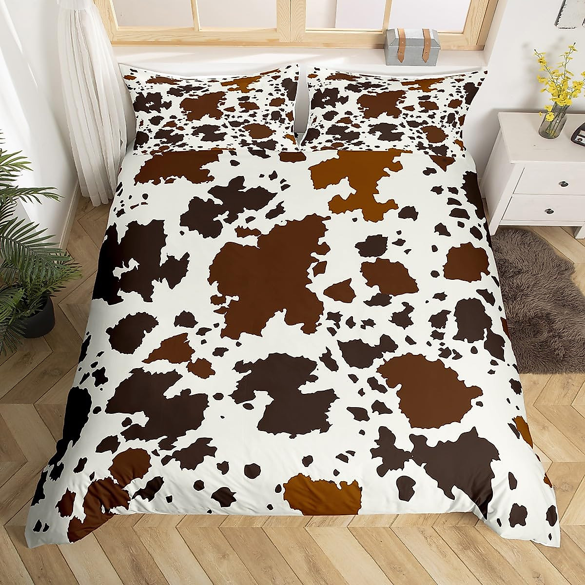 Erosebridal Brown Cowhide Comforter Cover Western Animals Duvet Cover,Black White Longhorn Highland Cow Skin Bedding Set Animal Hide Fur Hair Spot King Bed Set,Cowboy Farmhouse Room Decor