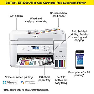 Epson EcoTank ET-3760 Wireless Color All-in-One Cartridge-Free Supertank Printer with Scanner, Copier and Ethernet, Regular