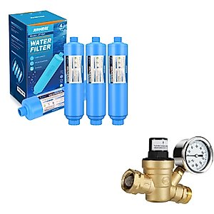 Kohree RV Marine Inline Water Filter, Greatly Reduces Bad Taste, Odors, Chlorine and Sediment in Drinking Water Bundle with RV Water Pressure Regulator Valve, Brass Lead-Free Adjustable