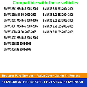 Engine Dancer M54 Valve Cover Gasket Set 11120030496 11121437395 Compatible with E46 E39 E83 E53 E85 325Ci 325i 330i 525i 530i X3 X5 Z4 2.5L 3.0L