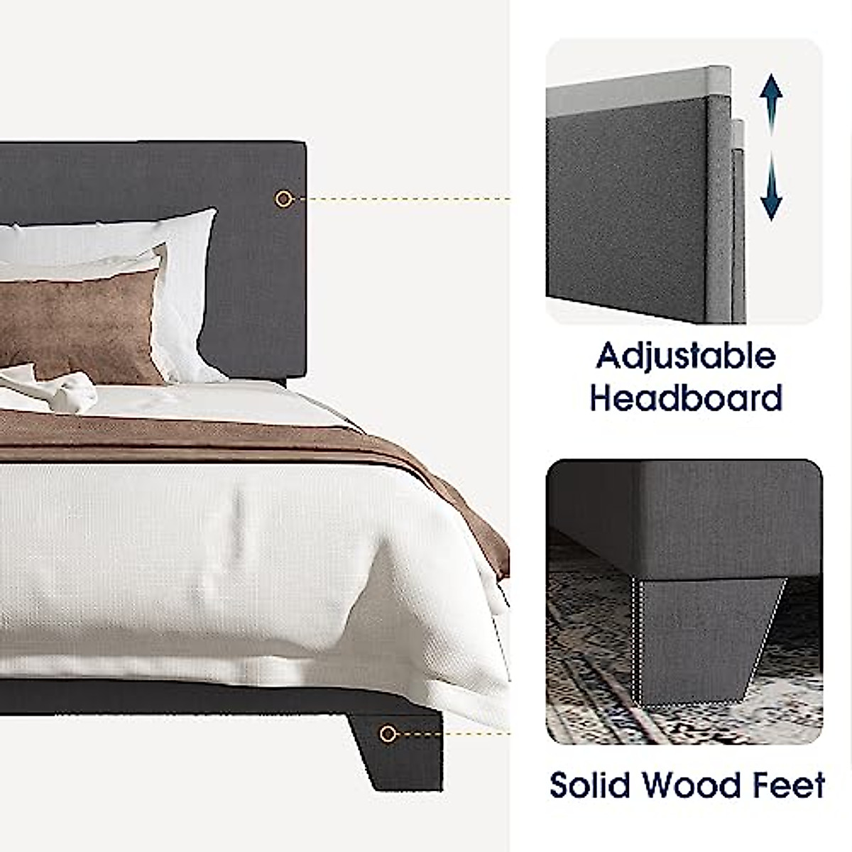 WEEWAY King Upholstered Platform Bed Frame with Adjustable Headboard and Strong Wooden Slats, Heavy-Duty Mattress Foundation, No Box Spring Needed, Easy Assembly, Dark Grey