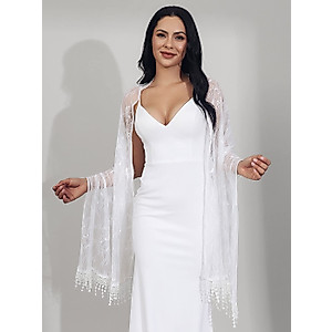 Aukmla Lace Shawls and Wraps for Weddings Fringe Evening Scarf Party Cover Up Bridal Accessories for Women and Brides (White)