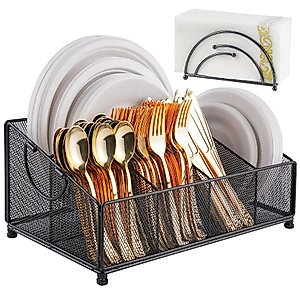 Cairondin Paper Plate Dispenser with Silverware Caddy, Metal Paper Plate Organizer and Napkin Holder for Countertop Party Picnic Camping, Disposable Plate Cutlery Caddy Utensil Holder, Black