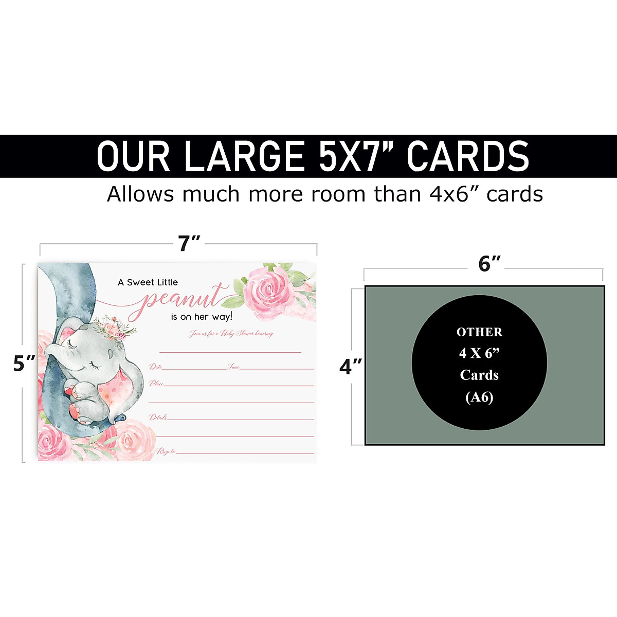 25 Pink Elephant Jungle Baby Shower Invitations and Envelopes (Large Size 5X7 INCHES), 25 Diaper Raffle Tickets, 25 Baby Shower Book Request Cards, Floral Elephant Animal Invites for Girl Baby Showers