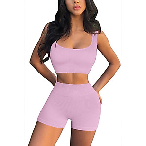 QINSEN Workout Sets for Women 2 Piece Seamless Ribbed Crop Tank High Waist Shorts Yoga Outfits (L, Dusty Pink)