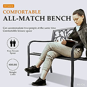 HCY Outdoor Bench, Garden Bench Metal Patio Front Porch Decor Furniture with Backrest Armrests, 50 Inch Slatted Seat for Outdoor, Park, Yard, (Black), x 21x 34.6