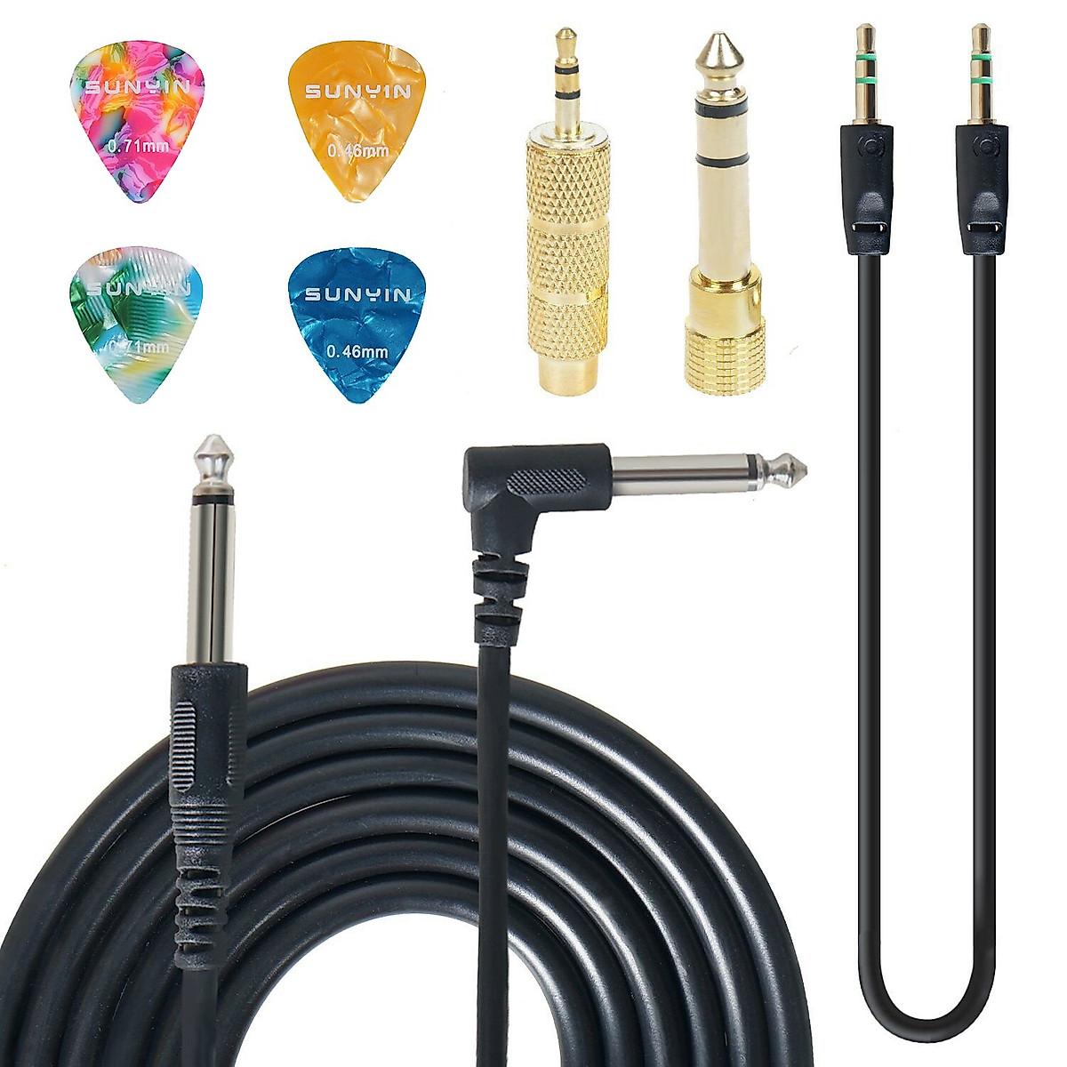 SUNYIN Guitar Amp Cord,Electric Guitar Cable 1/4 Inch Instrument Amp Cord Guitar Cord,3.5mm&6.5mm Converter Adapter,3.5mm Audio Cord,4 Picks(10ft)