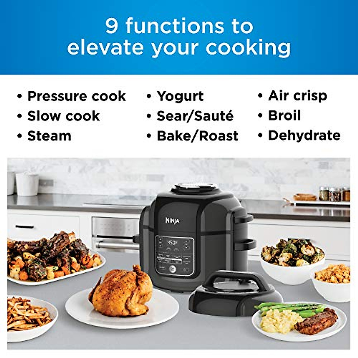 Ninja OP302 Foodi 9-in-1 Pressure, Broil, Dehydrate, Slow Cooker, Air Fryer, and More, with 6.5 Quart Capacity and 45 Recipe Book, and a High Gloss Finish
