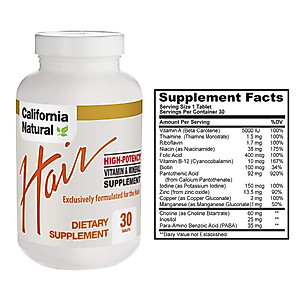 High Potency Hair Vitamin & Mineral Supplement with Biotin - California Natural - Promotes Healthy, Longer and Stronger Hair. - 30 Tablets (Pills)