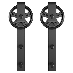 SMARTSTANDARD Sliding Barn Door Hardware Hangers 2pcs with Heavy Duty 12" Pull and Flush Barn Door Handle 1pc (Black) (Big Wheel Hangers)