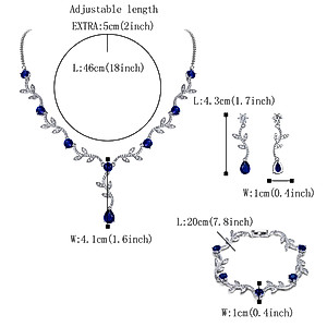 Crysdue Wedding Vine Jewelry Set for Brides Bridesmaid, Cubic Zirconia Elegance Teardrop Necklace Bracelet Dangle Earrings for Wedding Prom Party, Sapphire Leaves Bridal Jewelry