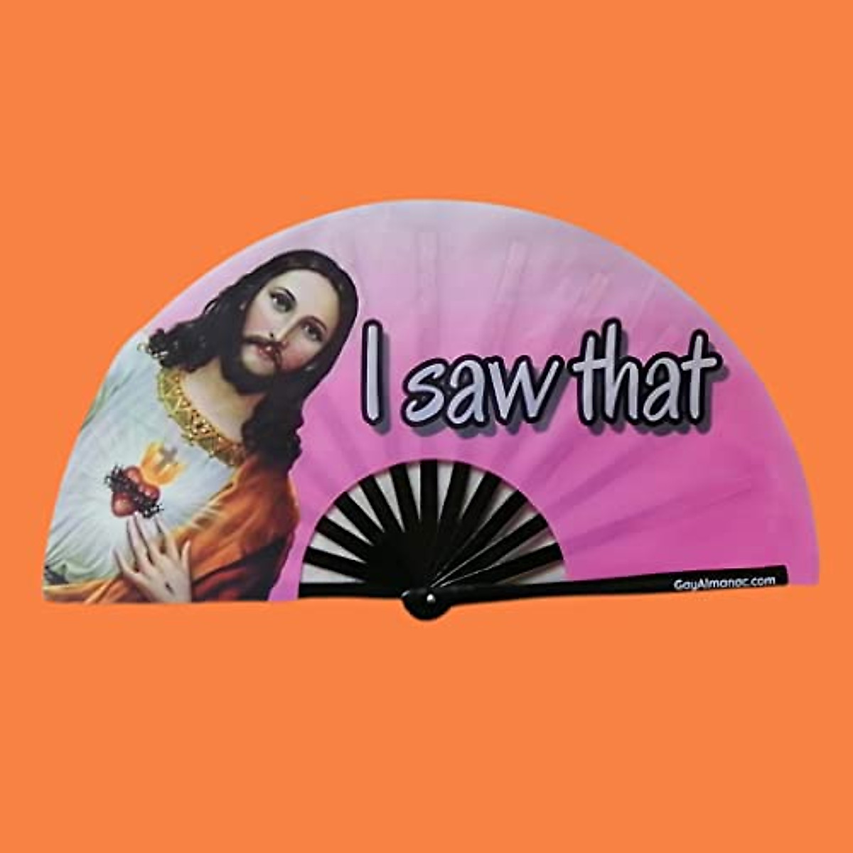 Gay Pride Large Folding Fans, 13" Bamboo Fan with UV Reactive Ink, for LGBTQ Circuit Parties and Raves (Jesus - I Saw That!)