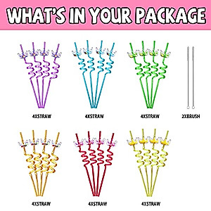 24 Glitter Princess Party Favors Reusable Crown Drinking Straws 6 Designs Great for Princess Theme Birthday Party Supplies with 2 Cleaning Brushes