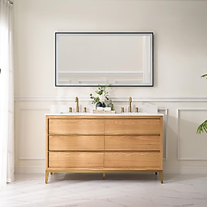 WELLFOR 60" Bathroom Vanity with Sink, Freestanding Wooden Bathroom Makeup Cabinet W/ 6 Soft-Close Drawers and Backsplash, Solid Wood Frame Bathroom Vanity (Light Oak)