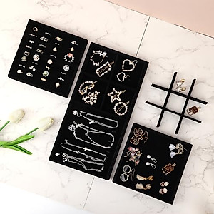 Fixwal Jewelry Tray for Drawers Set of 3, 14in Stackable Jewelry Organizer, Jewelry Storage for Earring, Necklace, Bracelet, Watch with Removable Divider, Black